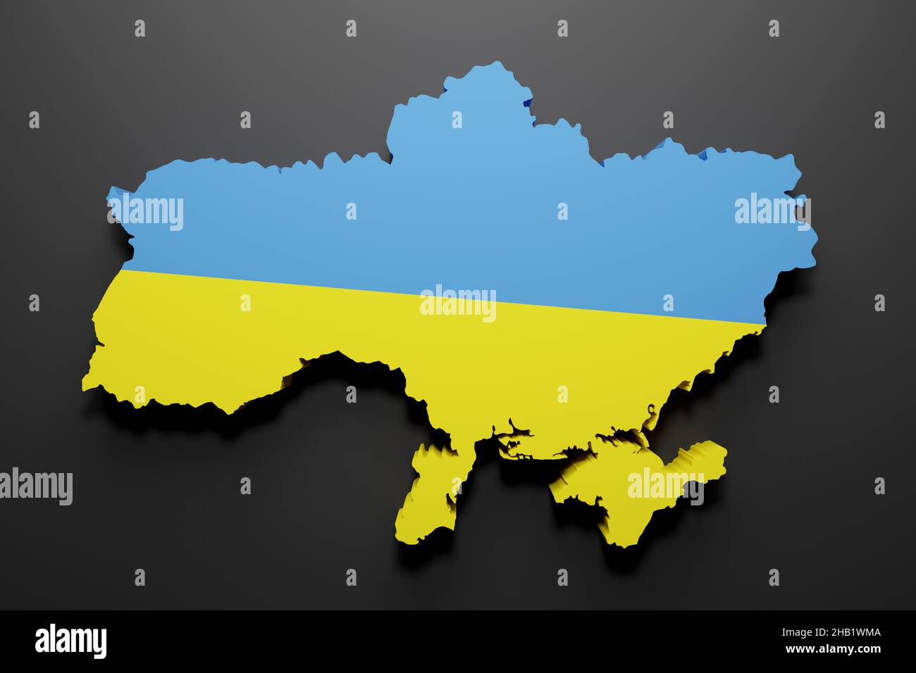 3d rendering of an Ukraine map shape with flag. Black background Stock ...