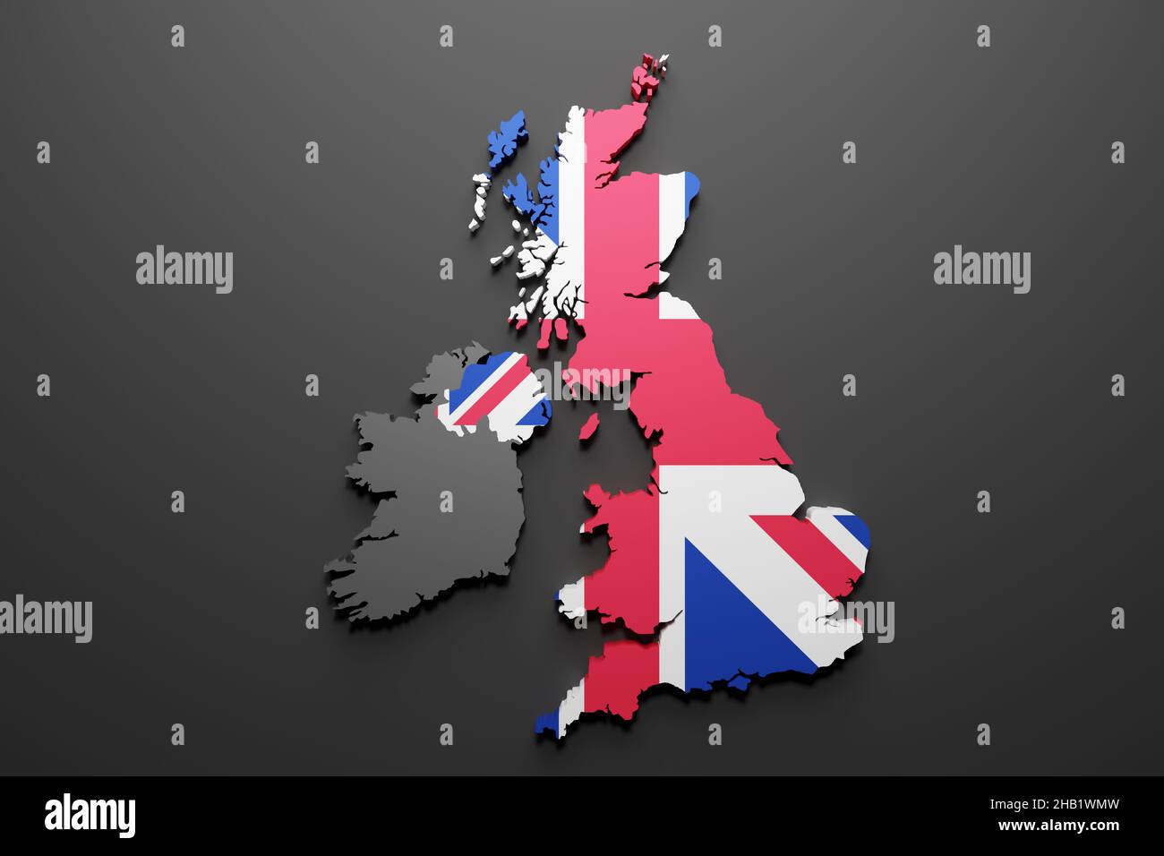 3d rendering of an United Kingdom map shape with flag. Black background ...