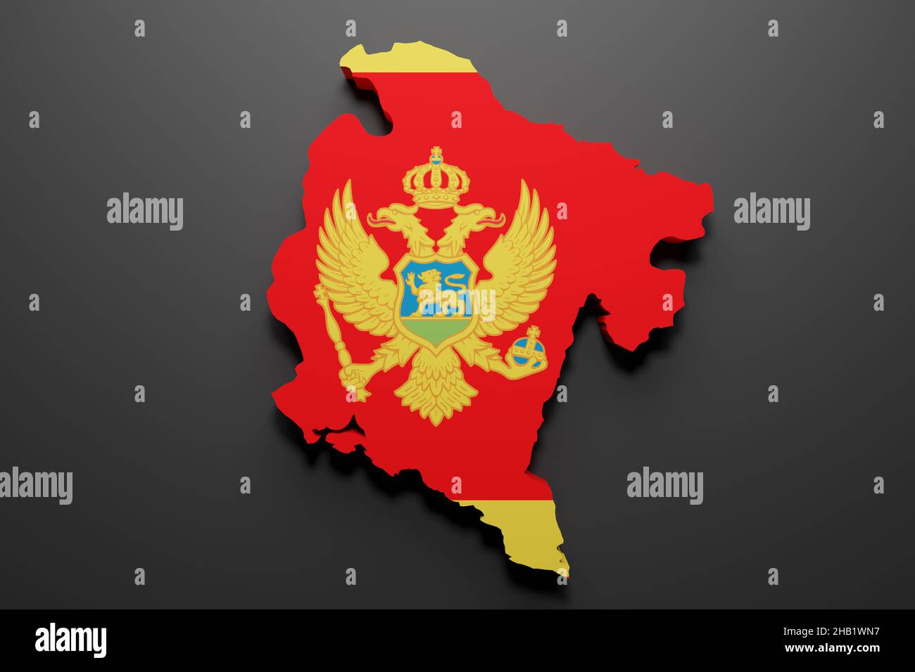3d rendering of a Montenegro map shape with flag. Black background ...