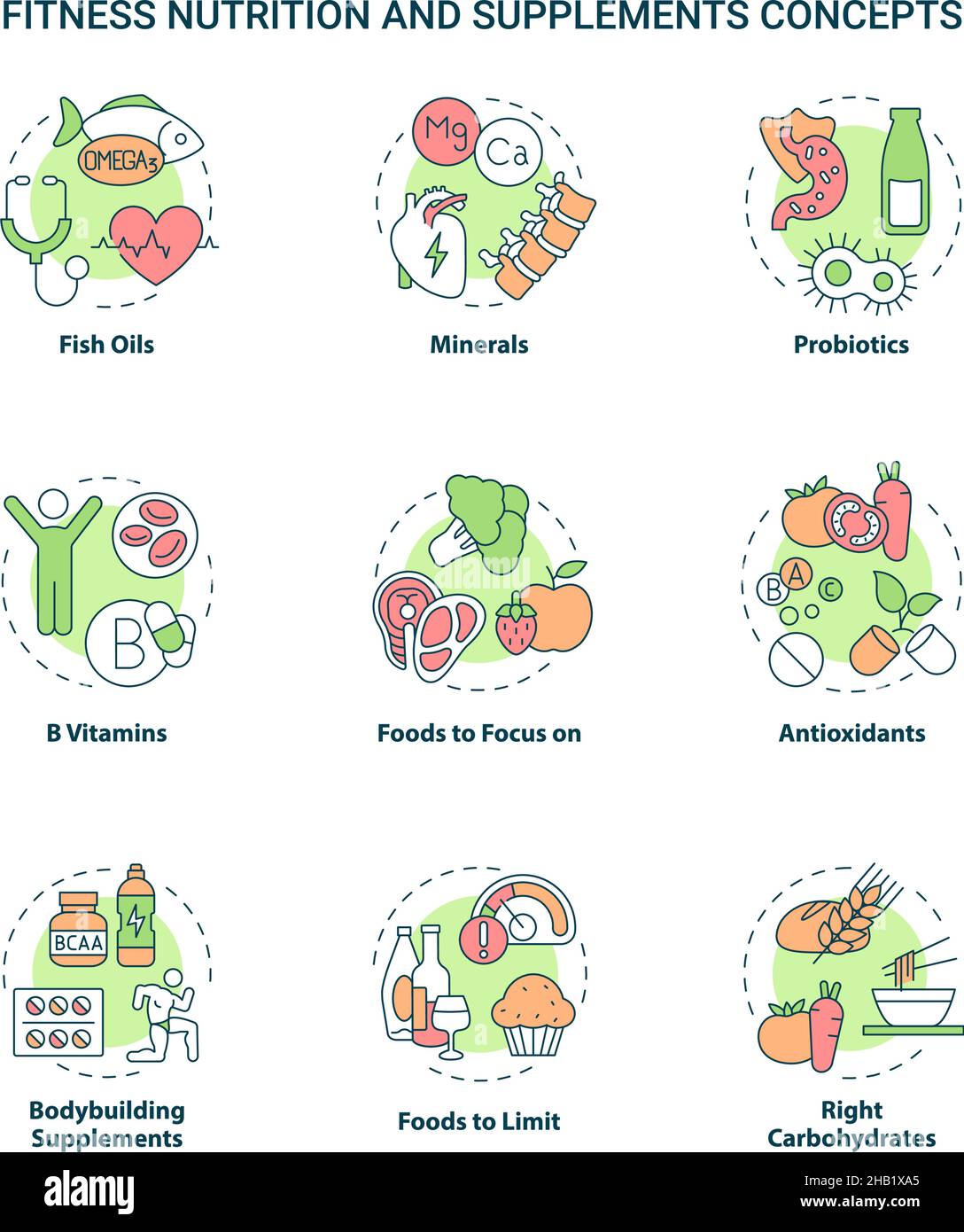 Fitness nutrition and supplements concept icons set Stock Vector Image ...