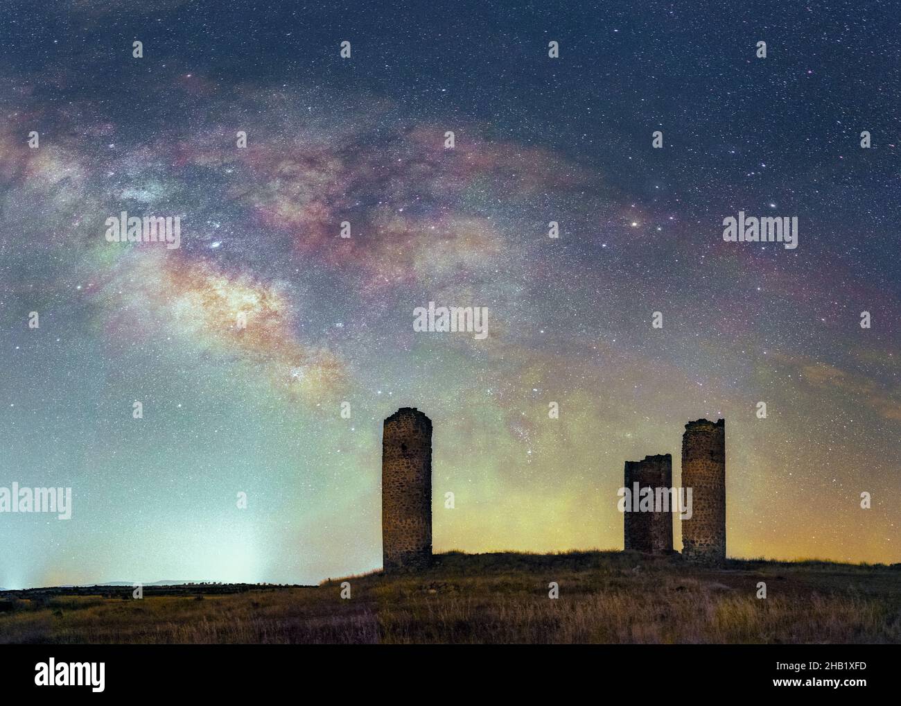 Antique castle towers with galatic center in starry night Stock Photo ...