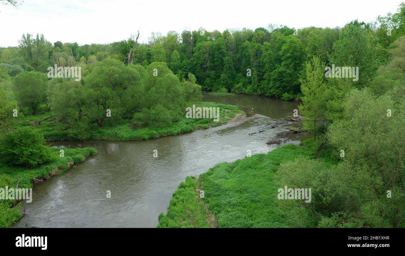 Inland river delta river meanders dron aerial video shot in floodplain ...