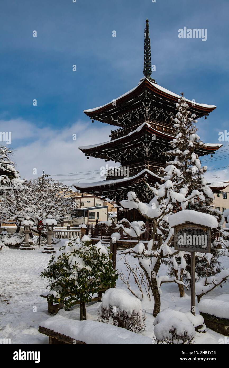 snow-covered pagoda in the town of Takayama Stock Photo - Alamy