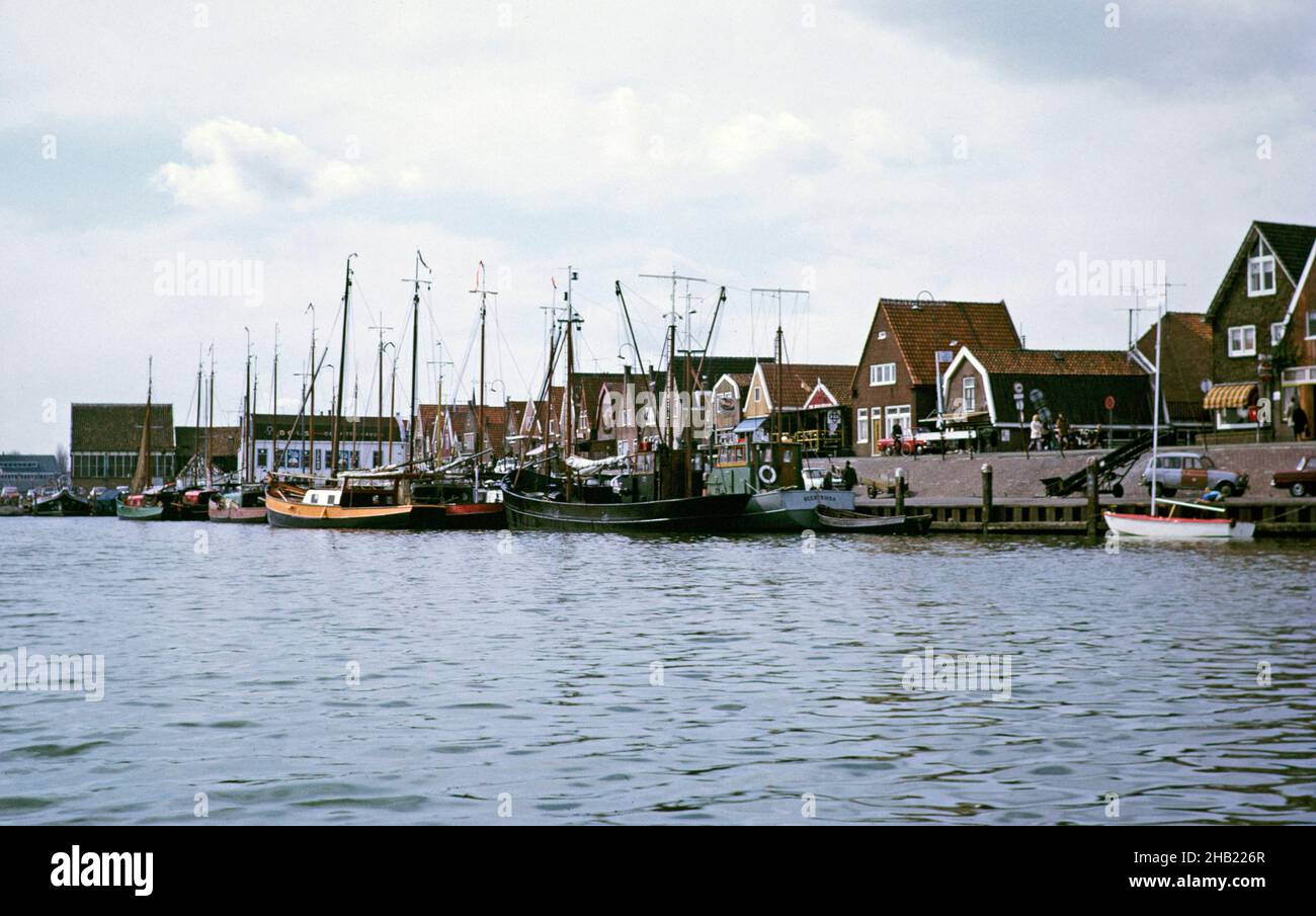 View of the village and fishing boats from the sea, Volendam ...