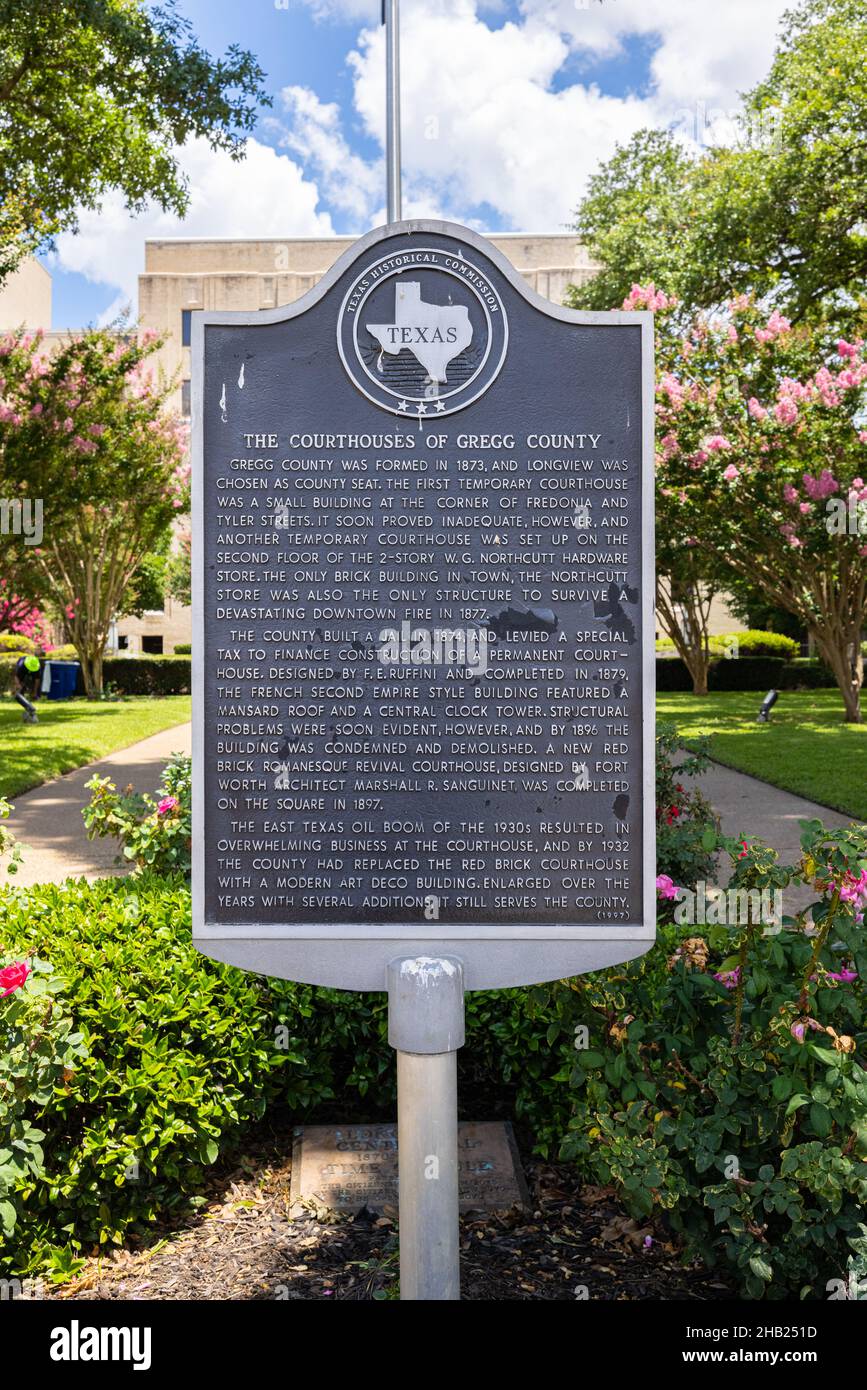 Longview, Texas, USA - June 30, 2021: Plaque telling the history of the ...