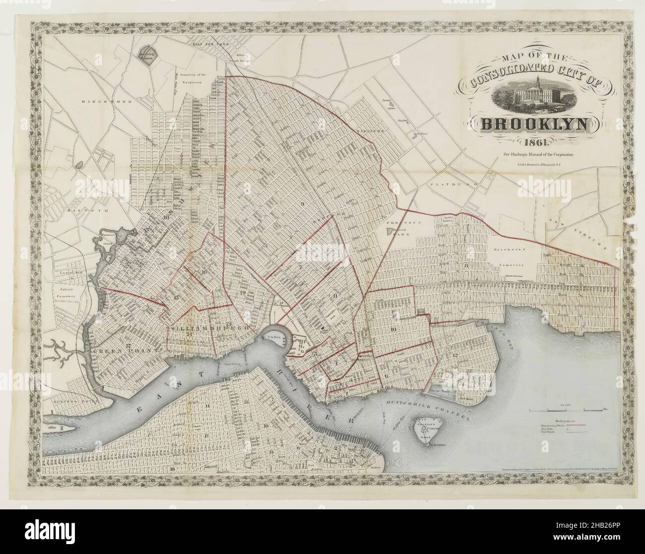 Map of the Consolidated City of Brooklyn, Engraving with watercolor ...
