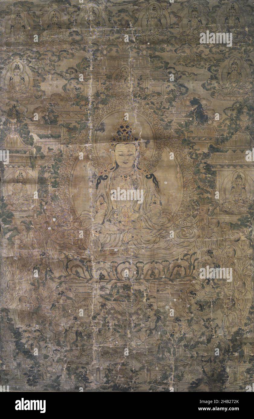 Akshobhya Buddha, Ink and color on gold and silver background on cotton ...