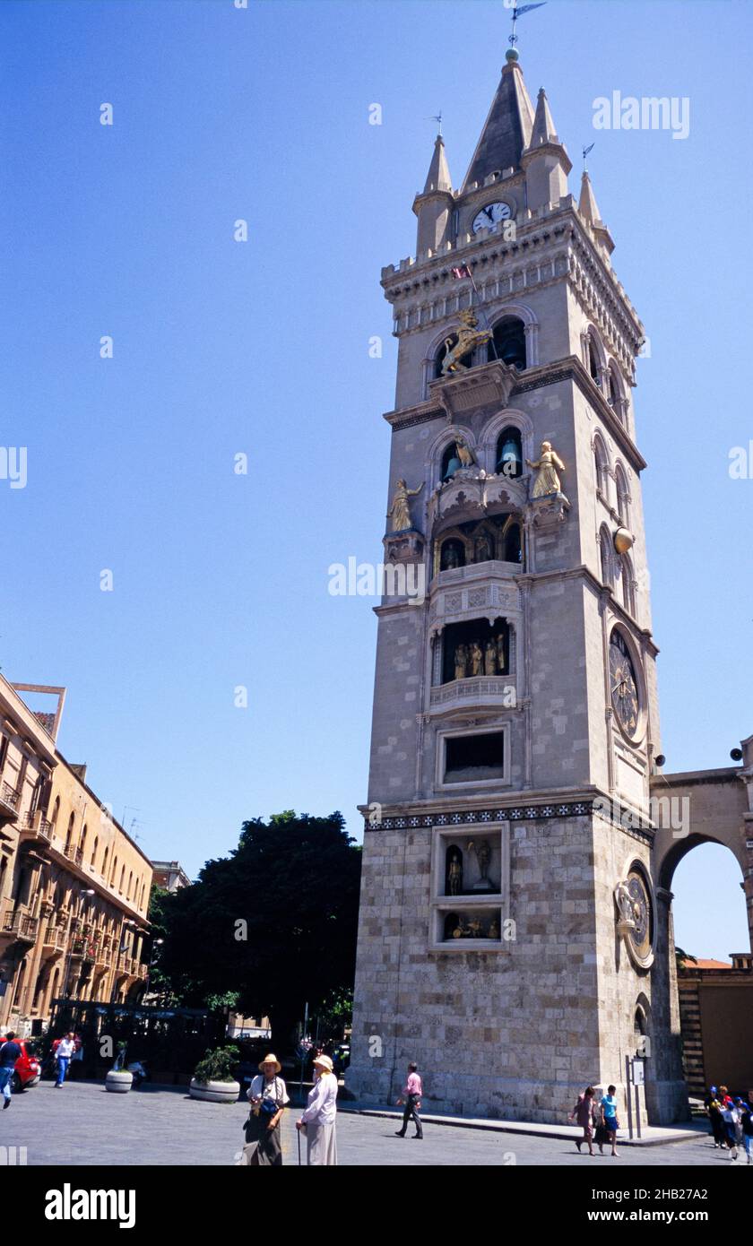 Bell tower of cathedral church at Messina, Sicily, Italy in 1999 Stock ...