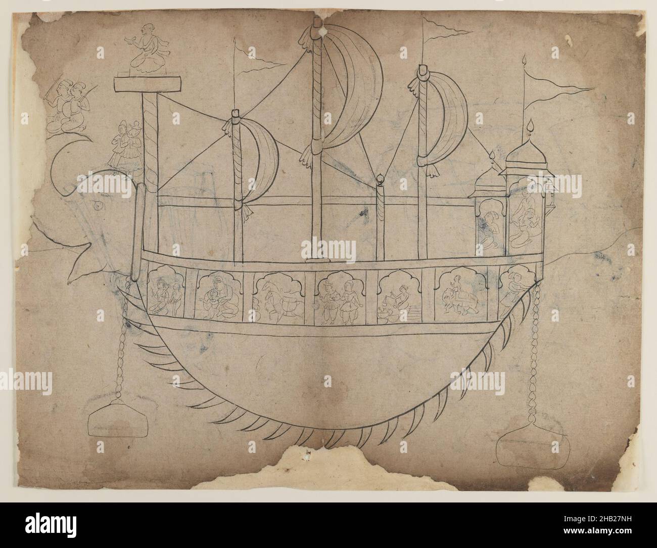 Line Drawing of a Fanciful Boat, Indian, Ink and charcoal on paper ...
