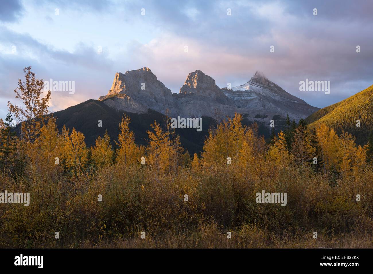 Three Sisters Peaks at Sunrise in Autumn, Canmore, Bow Valley ...