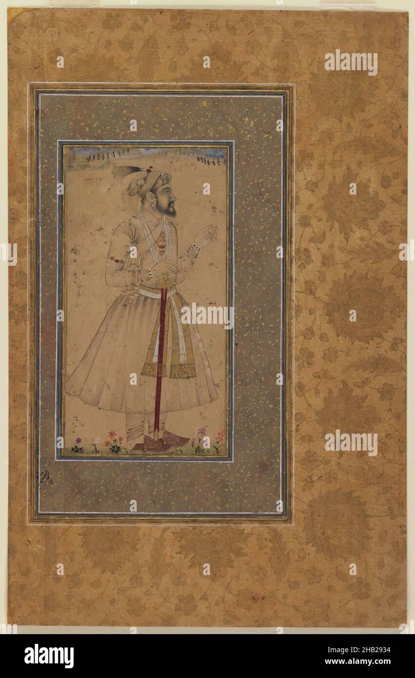 Portrait of Shah Jahan, possibly, Indian, Ink drawing with slight color on paper, mounted on ...