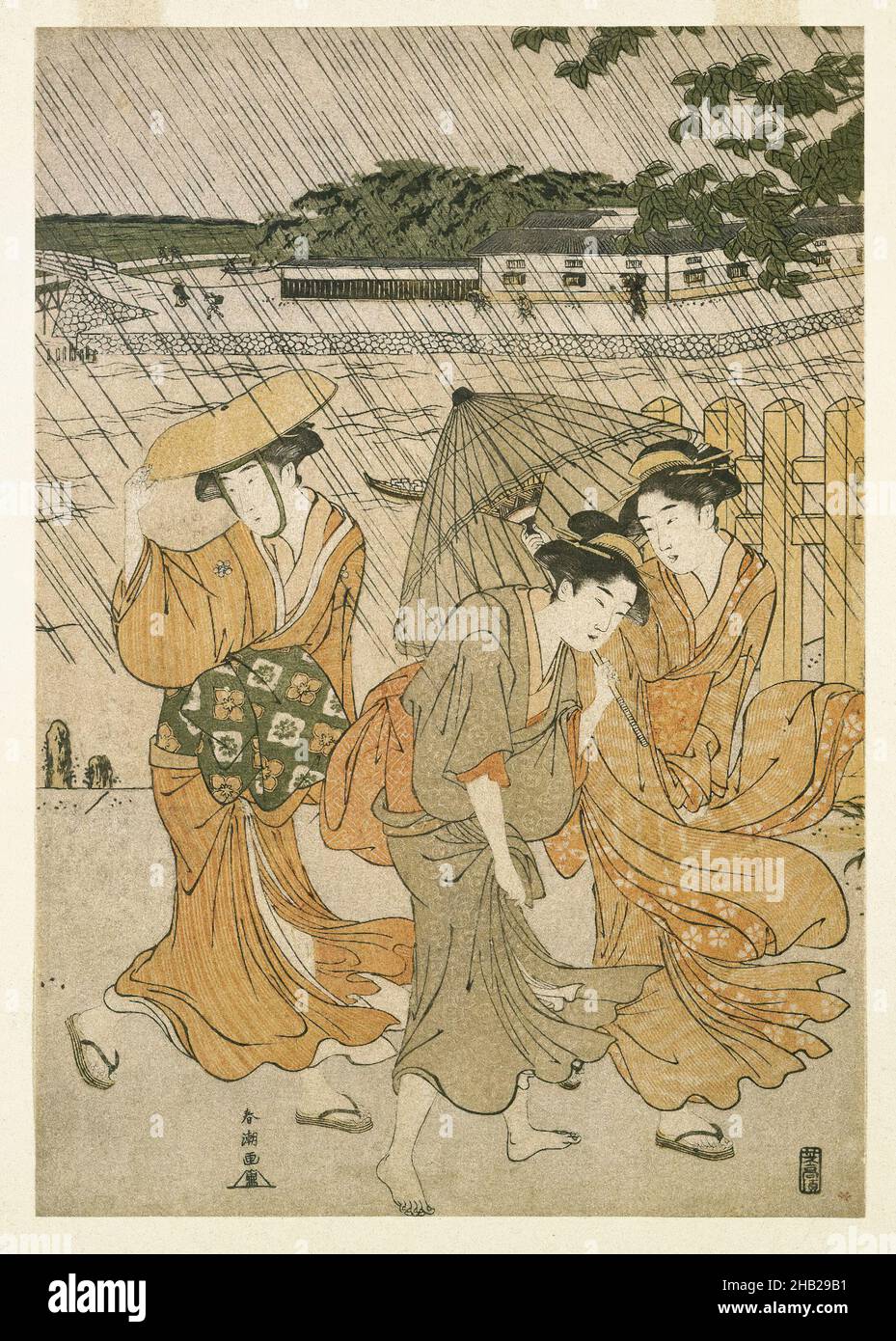 Three Women on the Bank of a River in a Shower, Yushid-o Shuncho ...