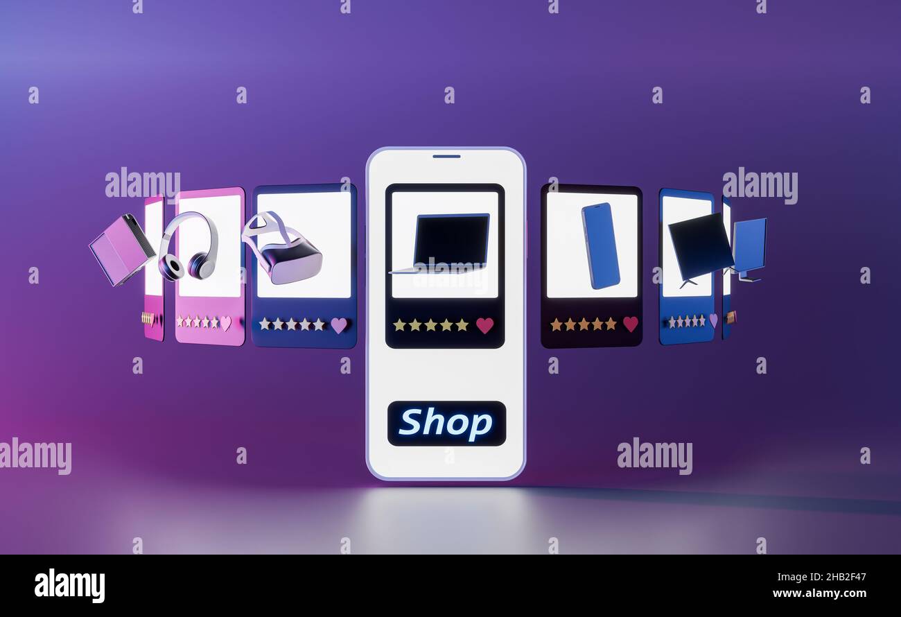 mobile screen with multimedia devices in the form of slides with neon ...