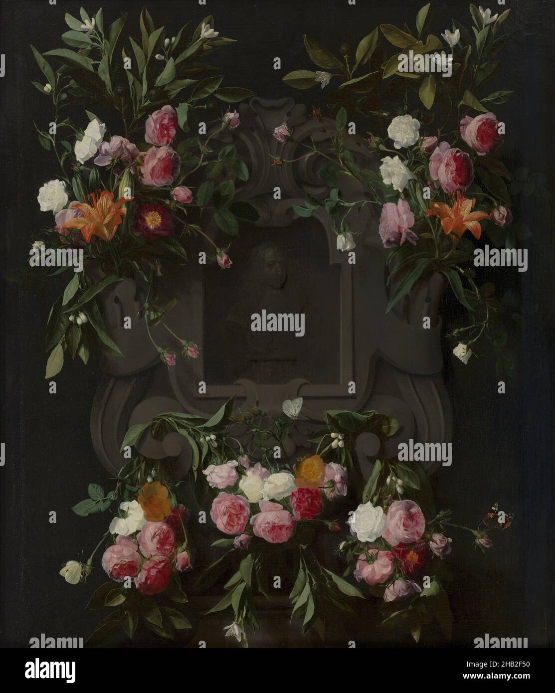 Flower cartouche around a statue of King-Stadtholder William III 1650 ...