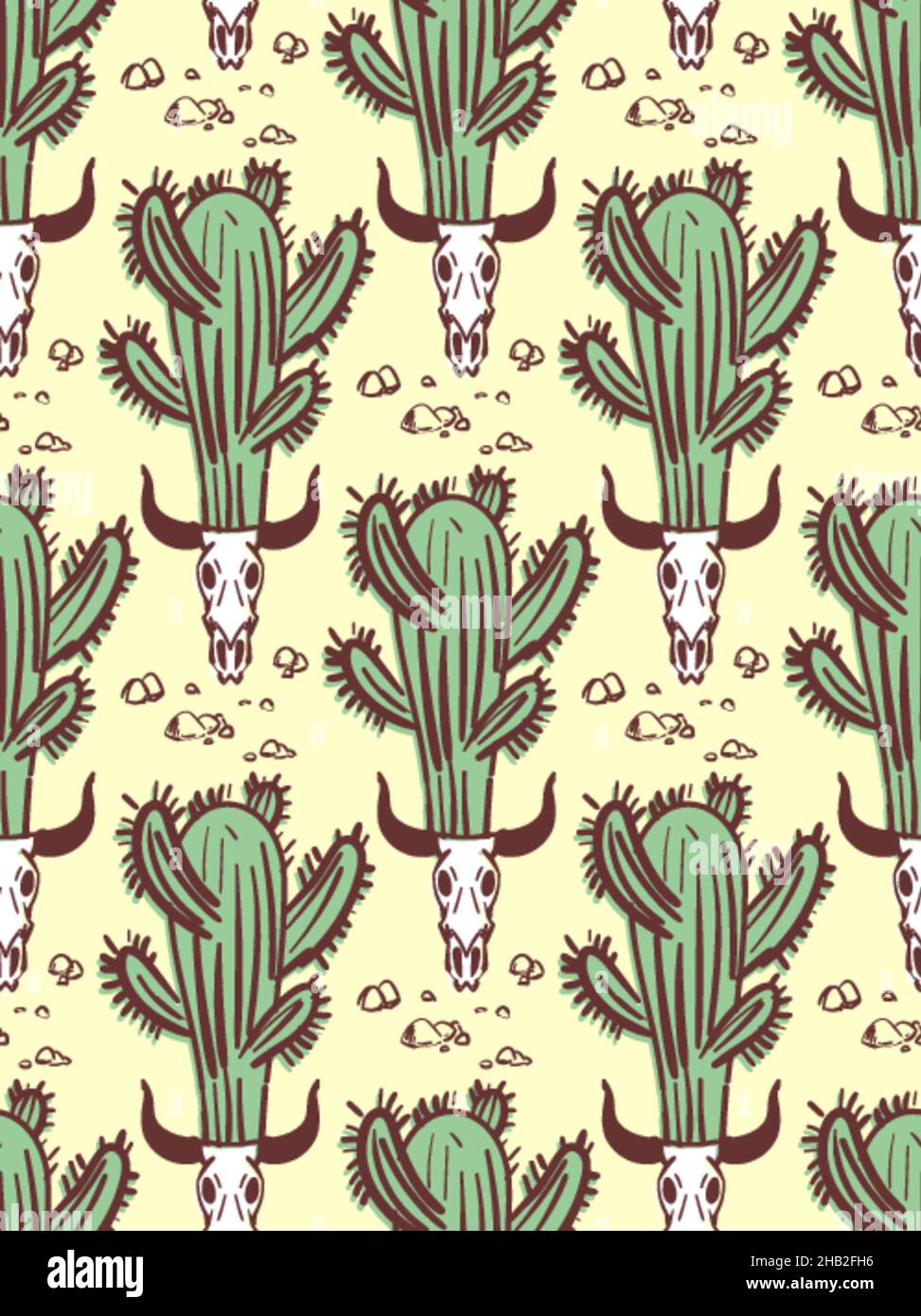Desert pattern seamless hand drawing. cow skull and cactus background ...