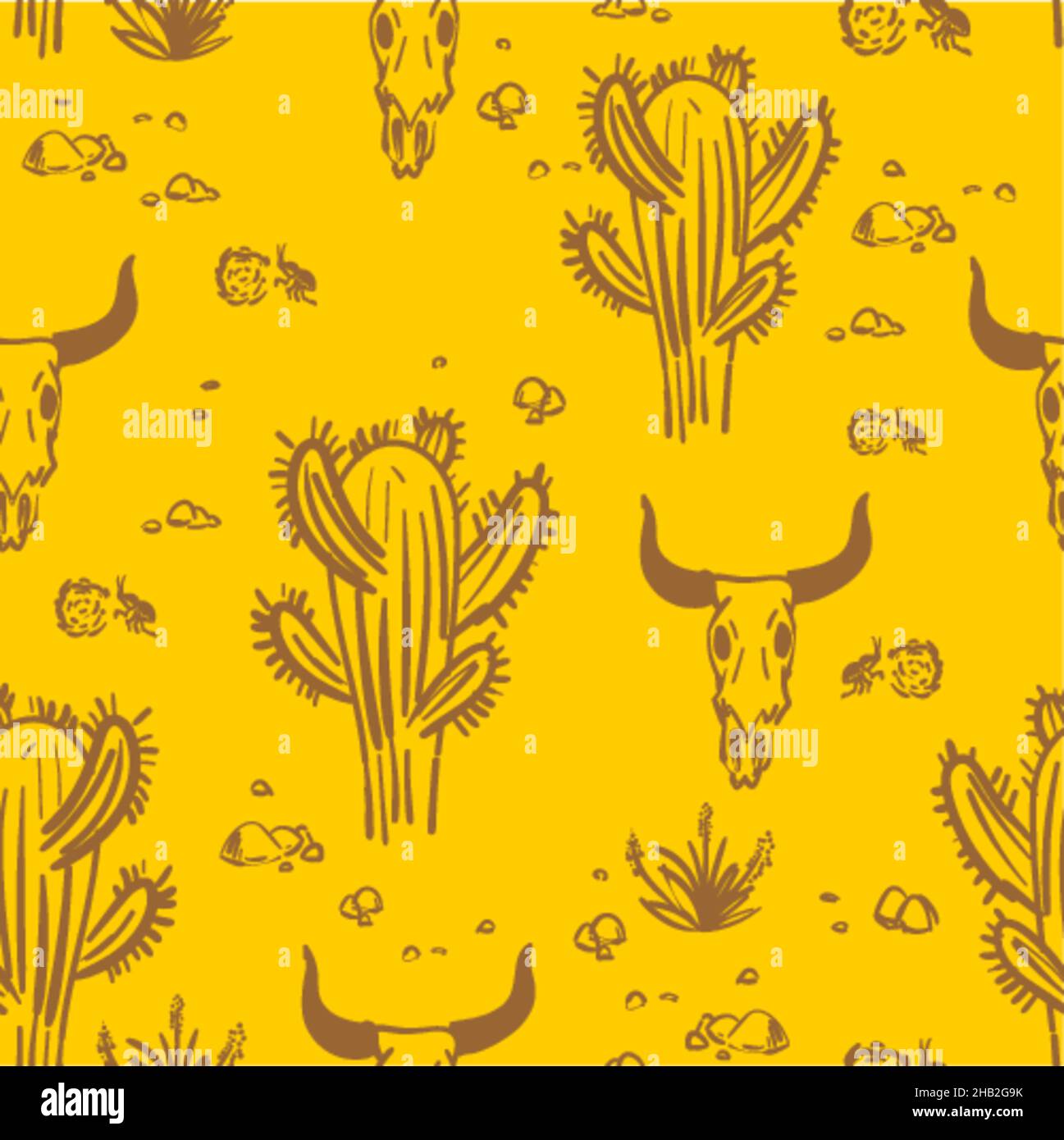 Desert pattern seamless hand drawing. cow skull and cactus background ...