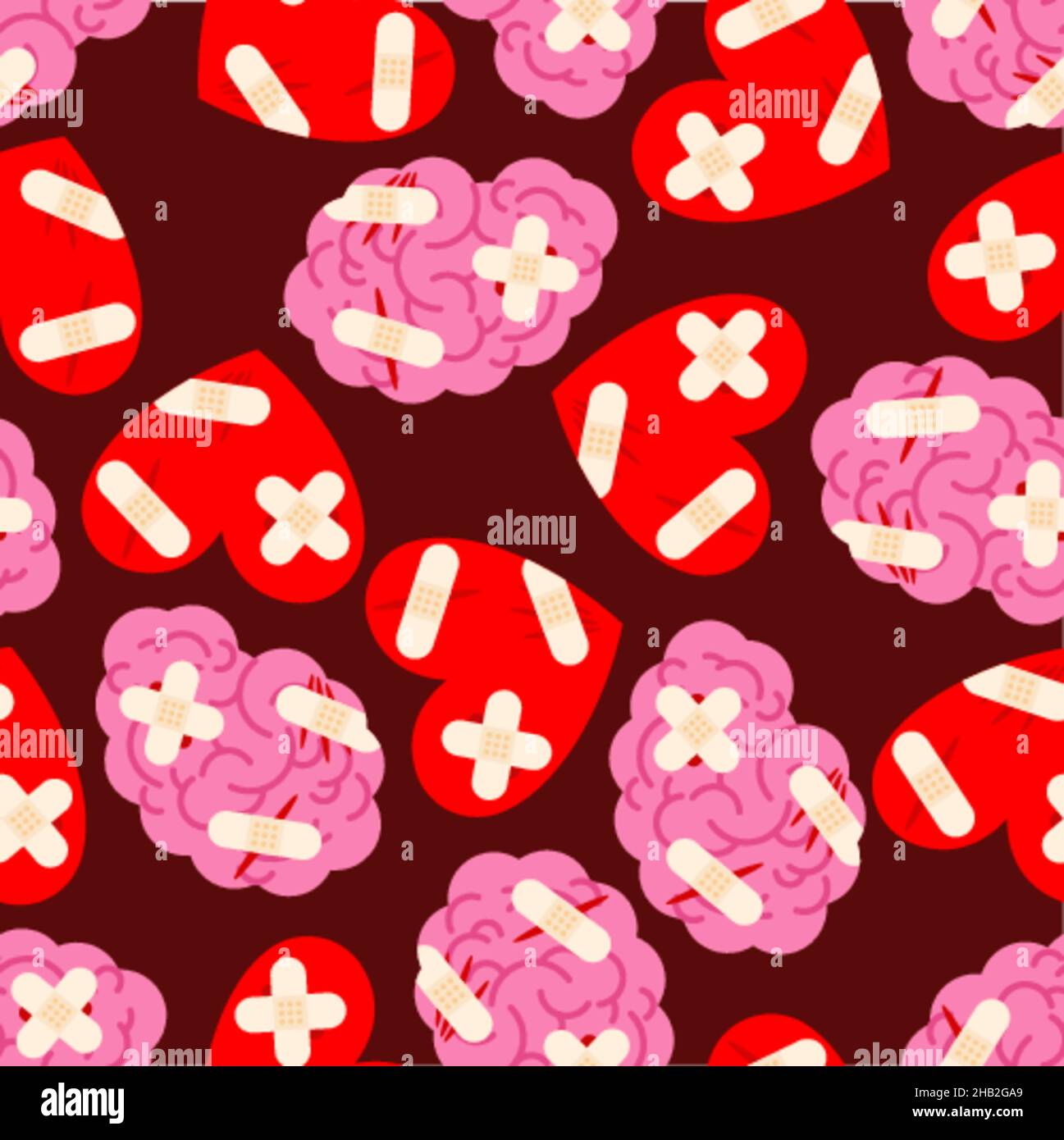 Sick brain and heart with bandages pattern seamless. Wounded brains ...