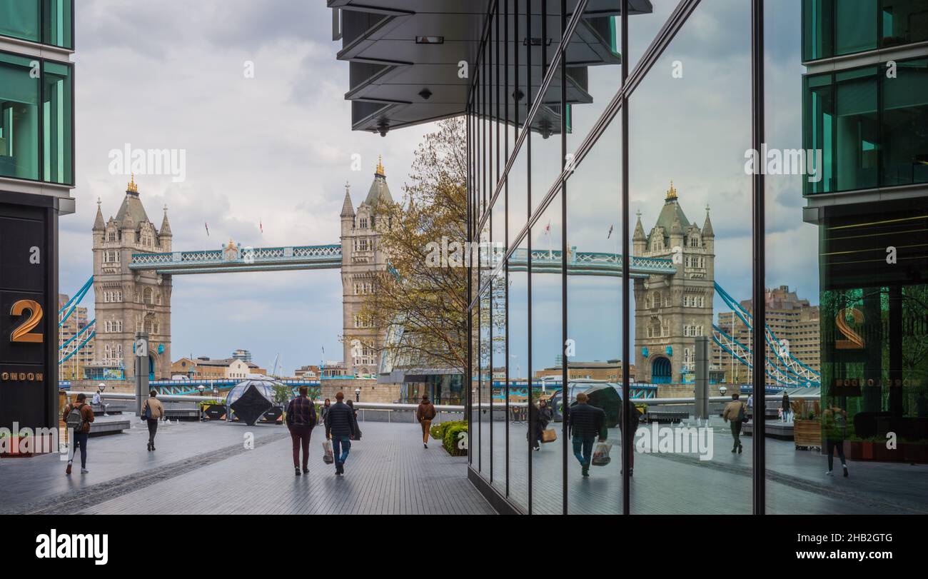 view of Tower Bridge taken from More London Riverside in April 2021 at ...
