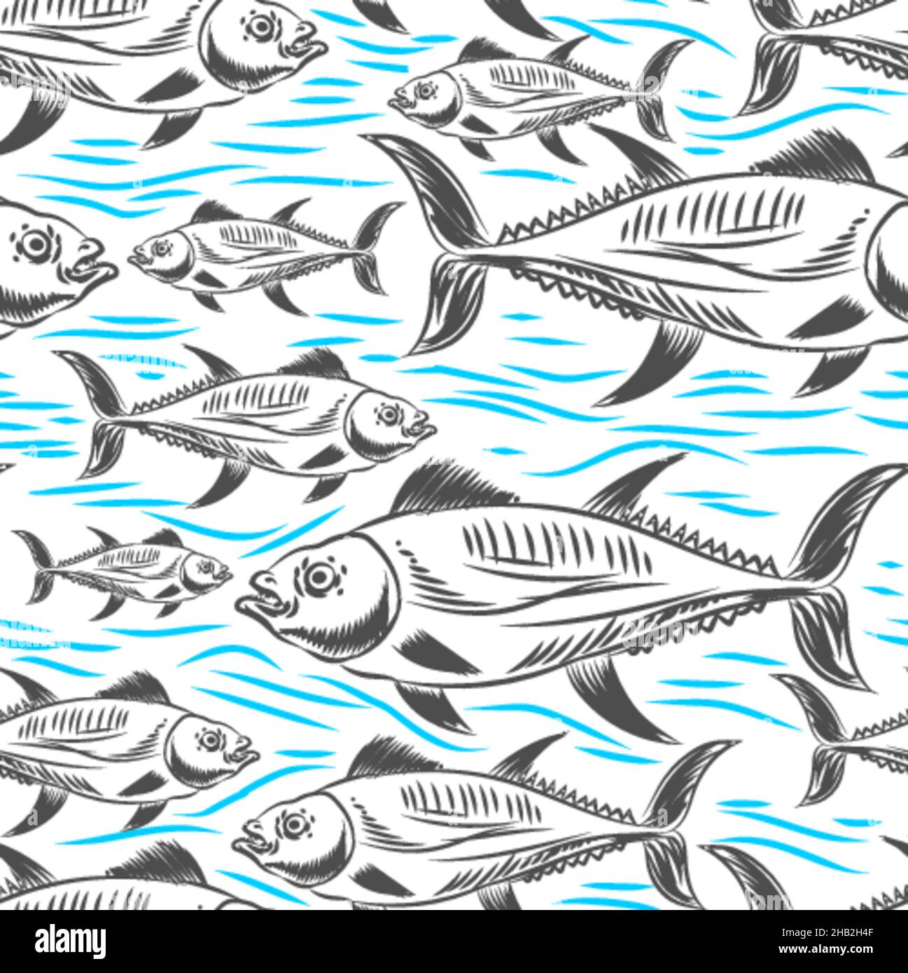 Tuna Hand drawing engraving pattern seamless. tunny Seafood fish ...
