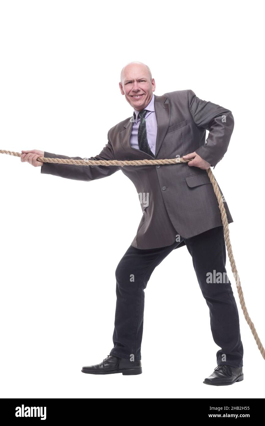 business man pulls a rope. isolated on a white Stock Photo - Alamy
