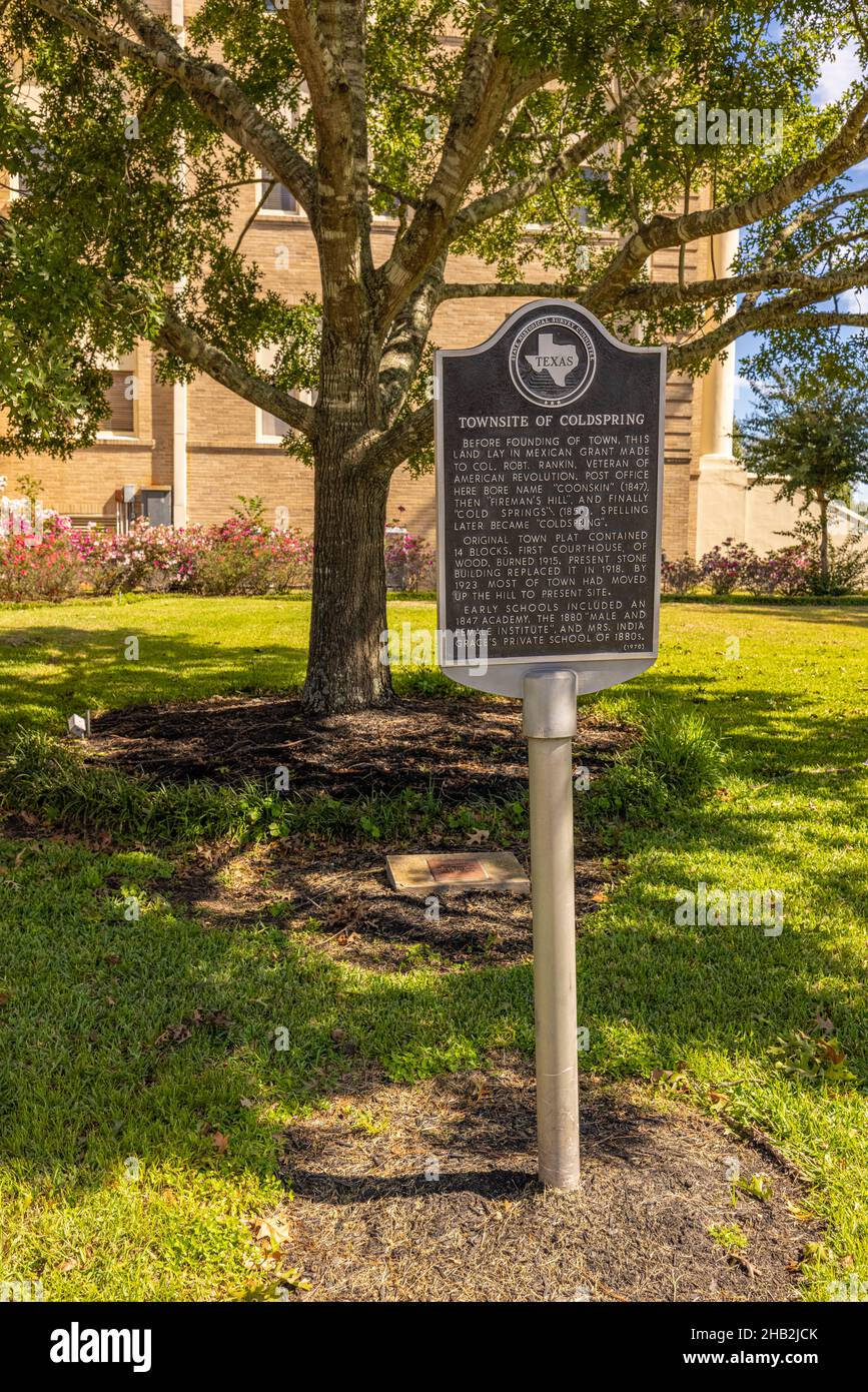 Coldspring, Texas, USA - October 17, 2021: Plaque telling the History ...