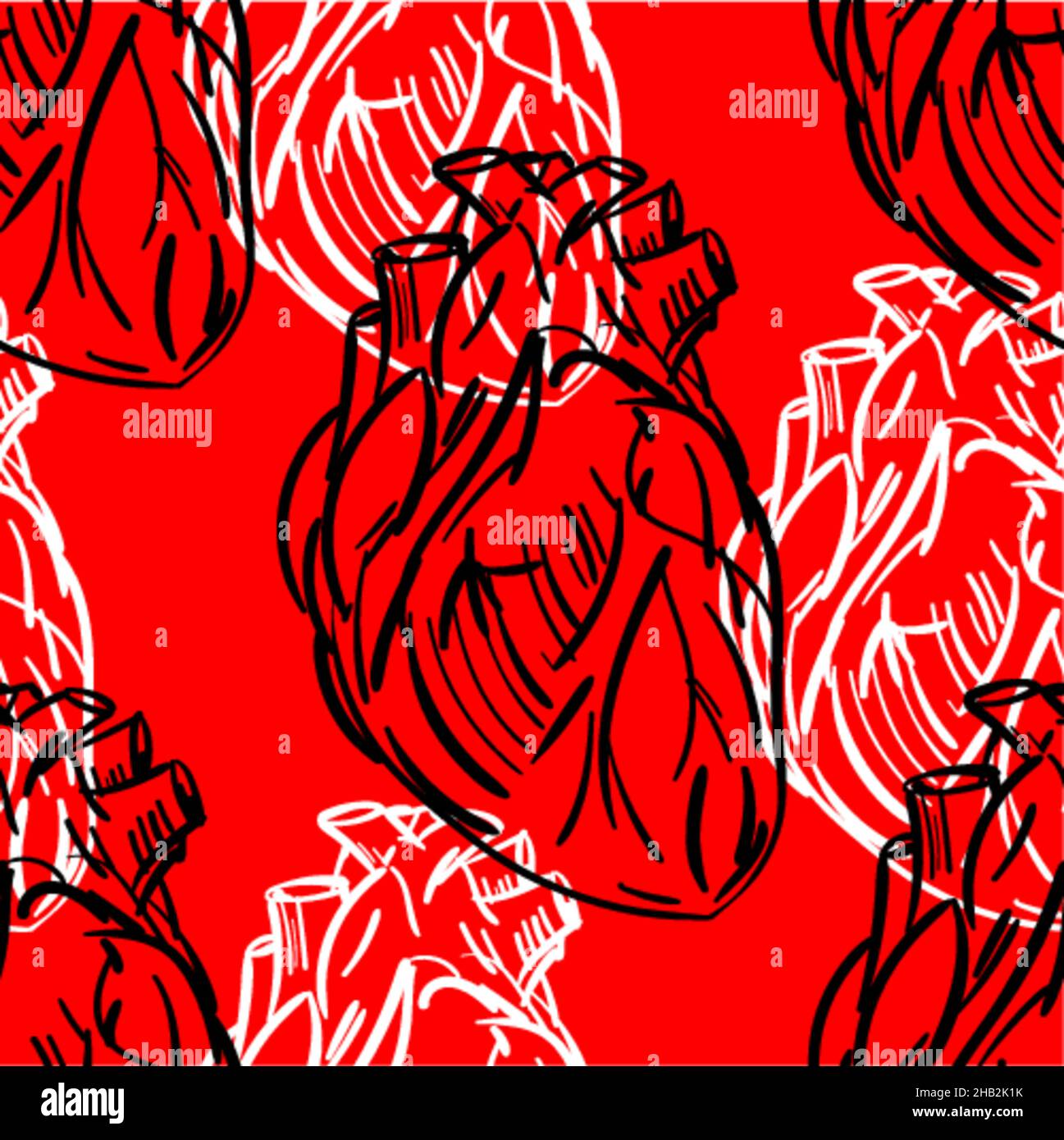 Anatomical Heart hand drawing pattern seamless. Heart engraving ... Anatomical Heart hand drawing pattern seamless. Heart engraving ...
