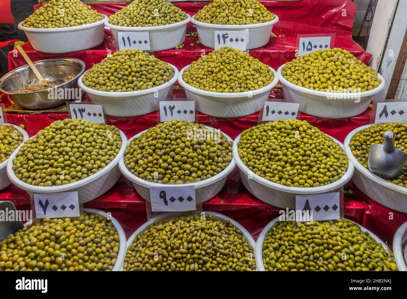 Various types of olives for sale at the bazaar in Rasht, Iran Stock ...