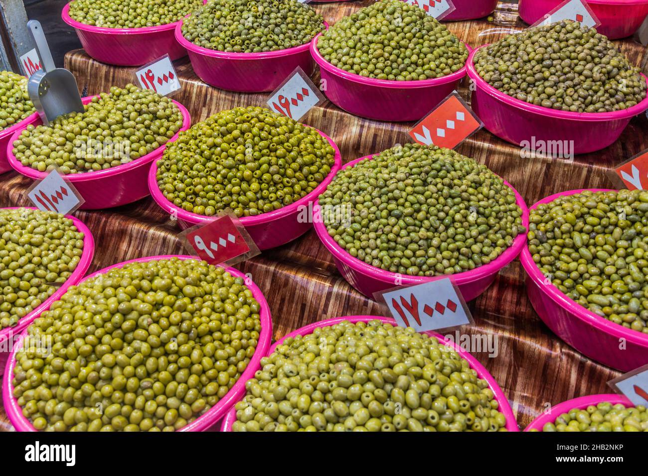 Various types of olives for sale at the bazaar in Rasht, Iran Stock ...