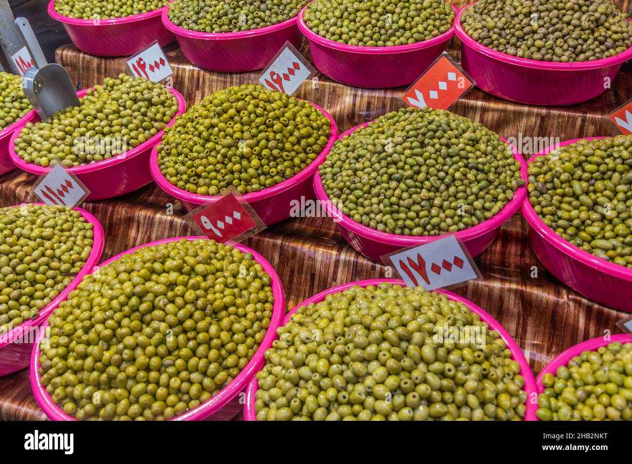 Various types of olives for sale at the bazaar in Rasht, Iran Stock ...
