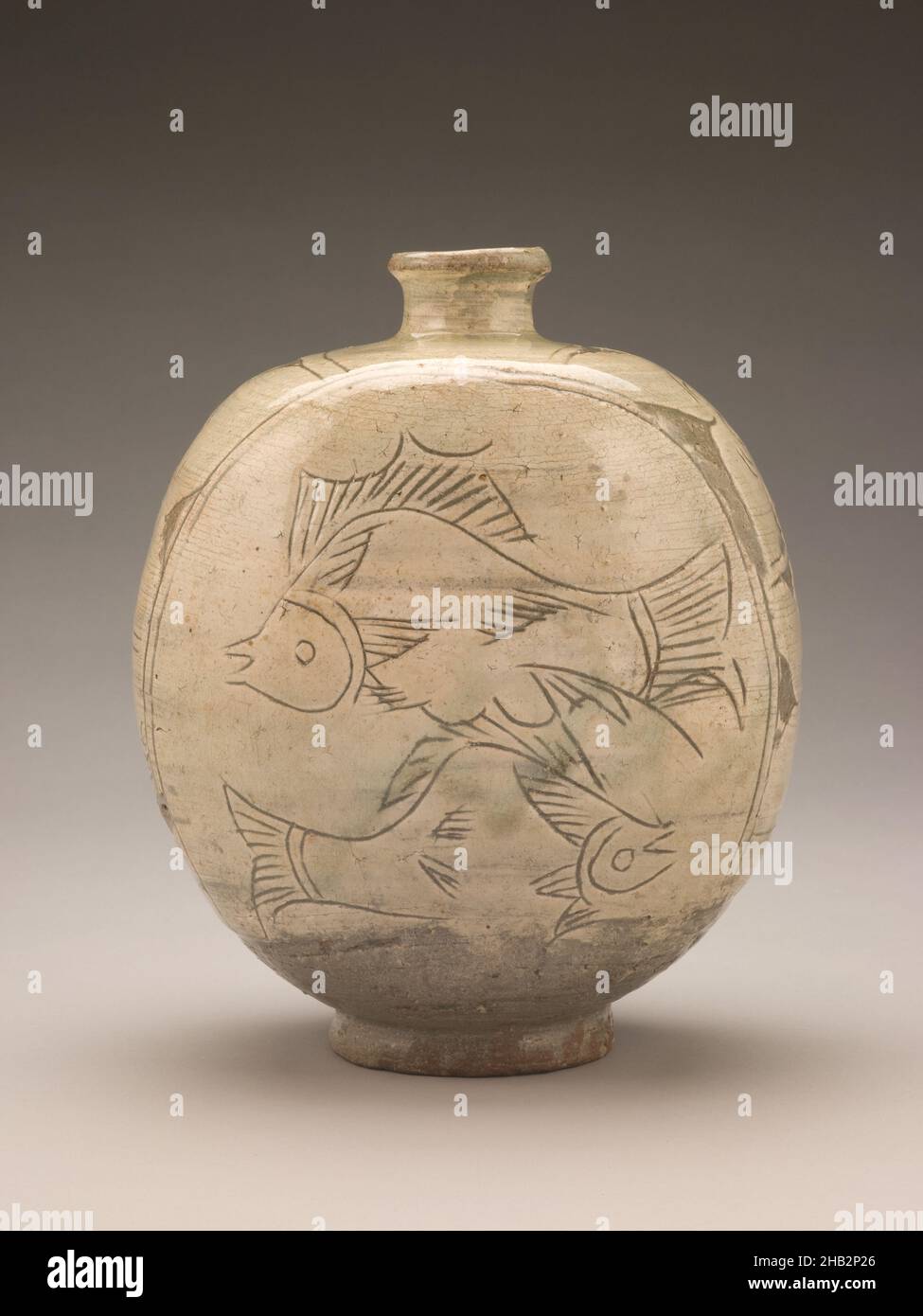 Flask with Flattened Sides and Design of Fish and Flowers, Korean ...