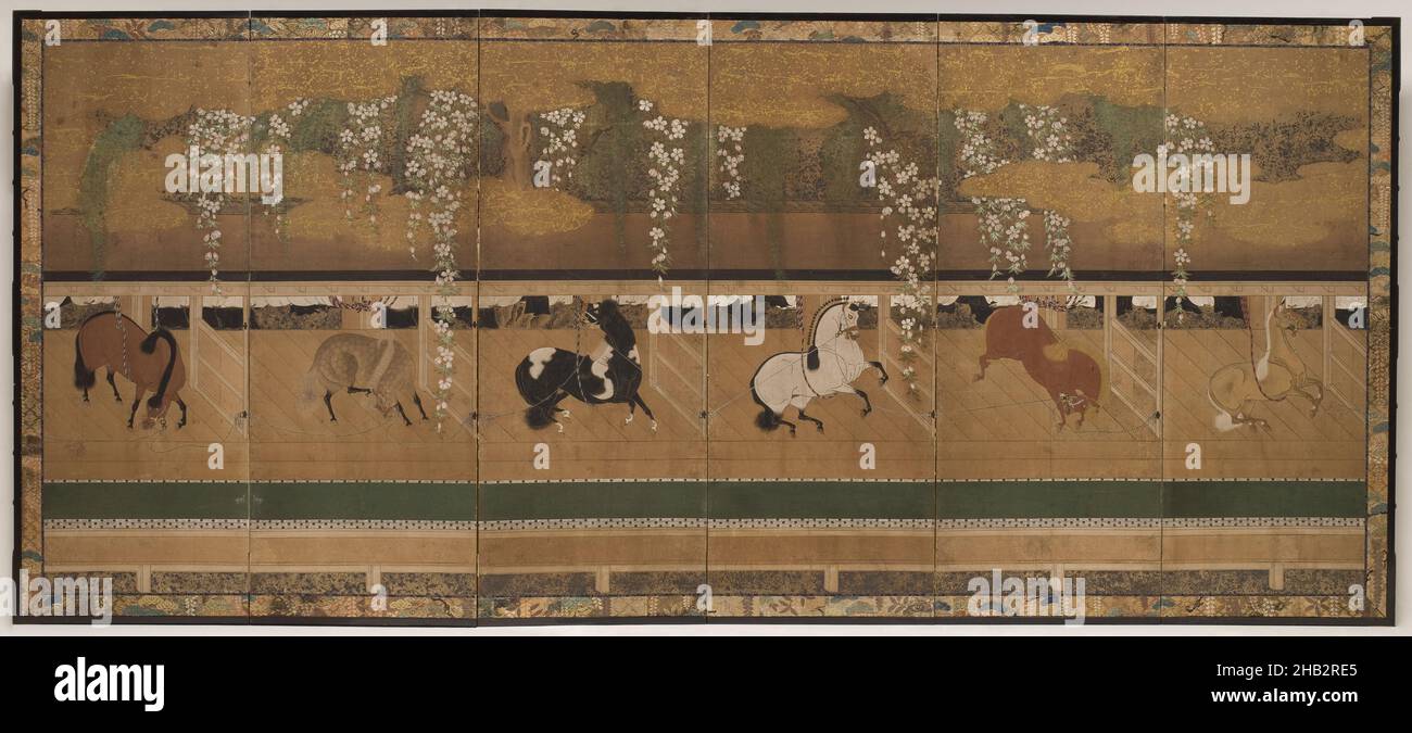 Horses in Stables: Spring, Japanese, Edo period, 1615–1868, 17th ...