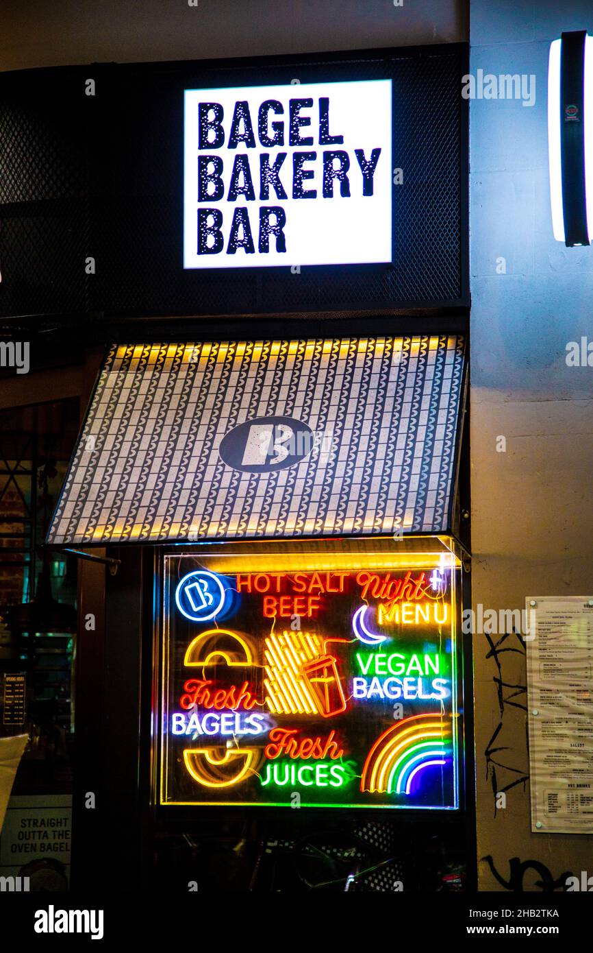 Neon sign at Bagel Bakery Bar in Soho, London, UK Stock Photo - Alamy