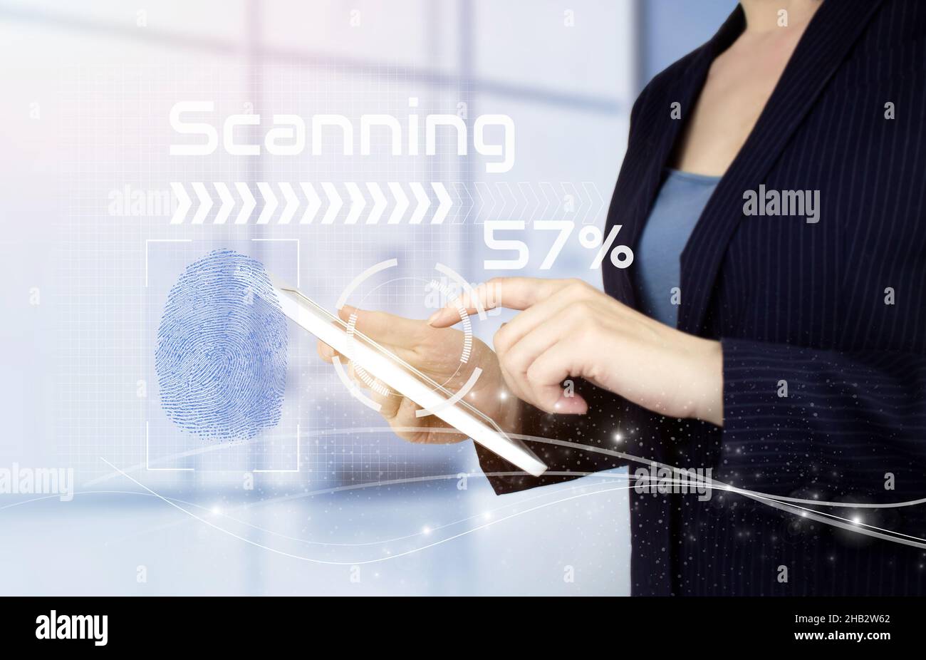 Cyber security and data protection. Hand touch white tablet with ...