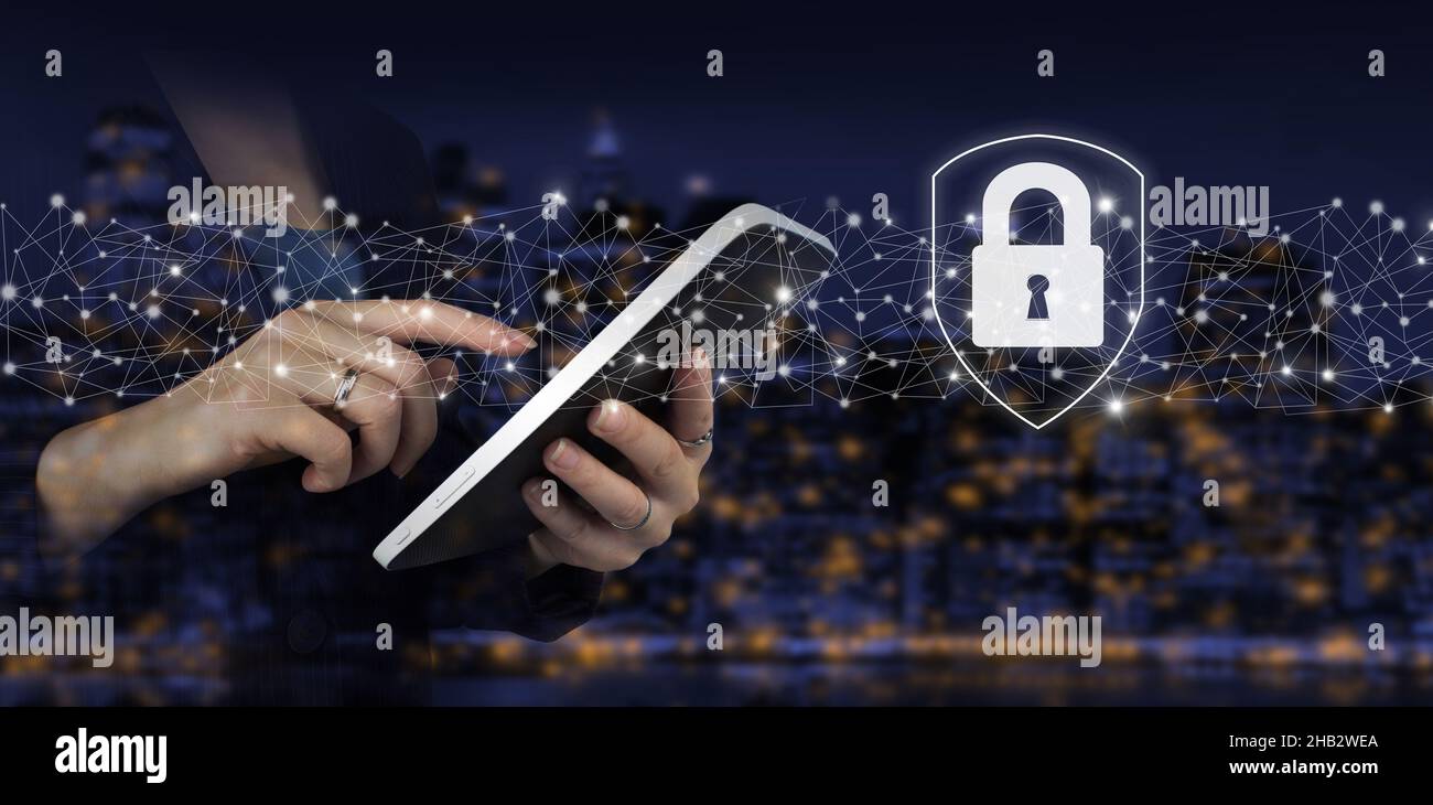 Cyber security, digital crime concept. Hand touch white tablet with ...
