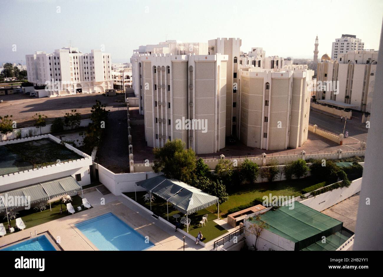 View over swimming pool from Holiday Inn hotel, Muscat, Oman 1998 Stock ...