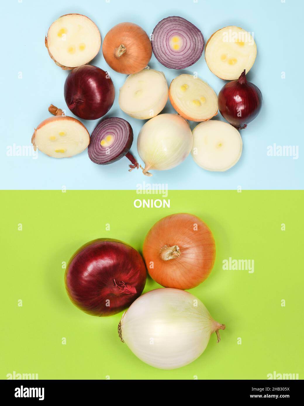 Creative layout made of three onion bulbs of different colors (red ...