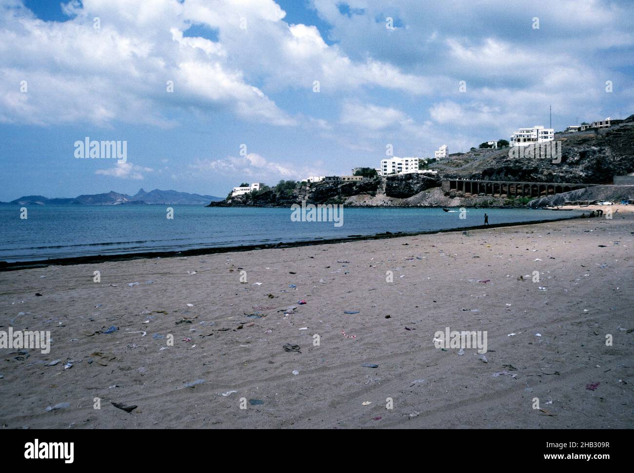 City of Aden, Yemen, 1998 litter strewn polluted beach at Elephant Bay ...