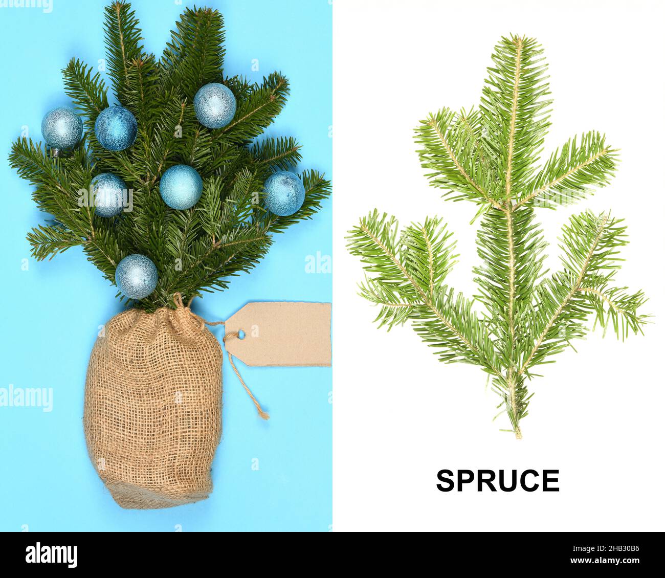 Creative layout made of spruce branch and christmas decorations. High ...