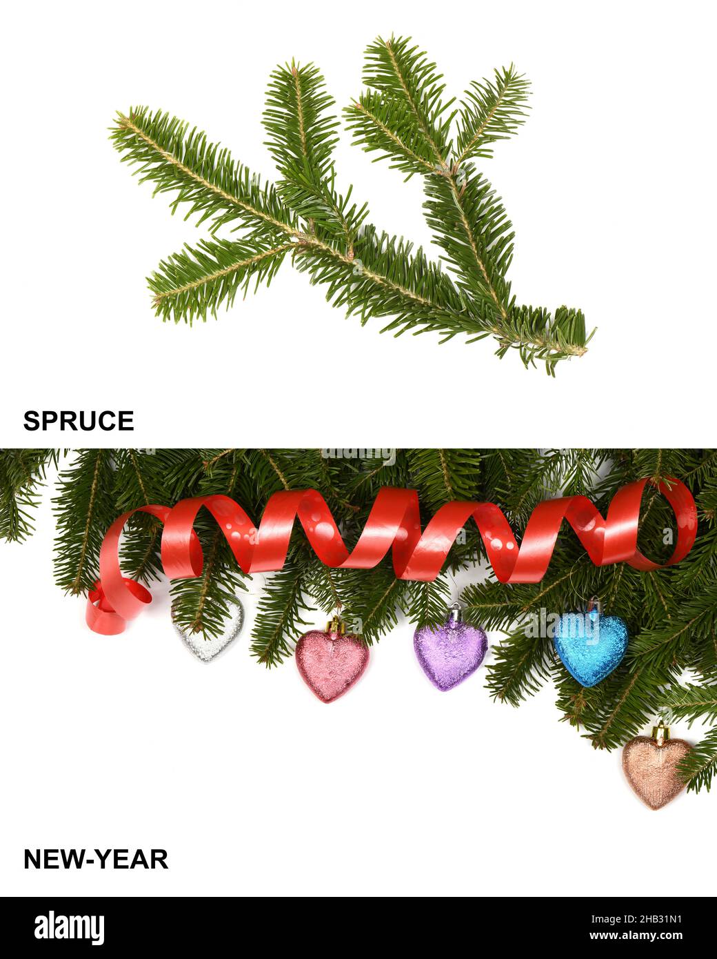 Creative layout made of spruce branch and christmas decorations. High ...