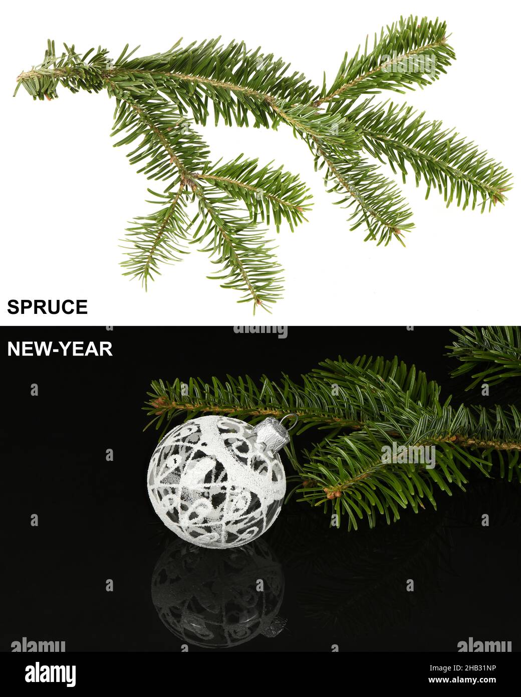 Creative layout made of spruce branch and christmas decorations. High ...