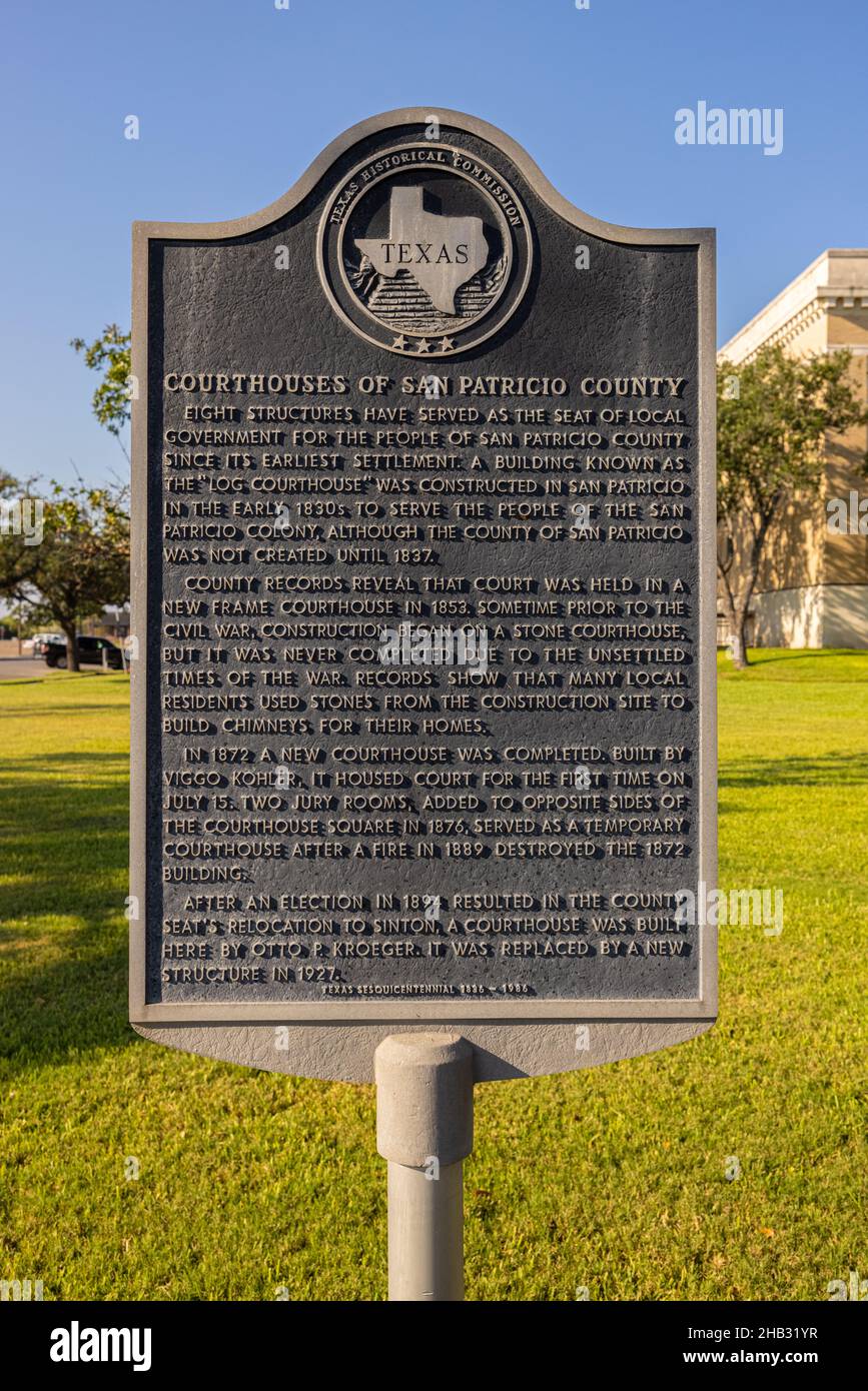 Sinton, Texas, USA - September 20, 2021: Plaque telling the history of ...