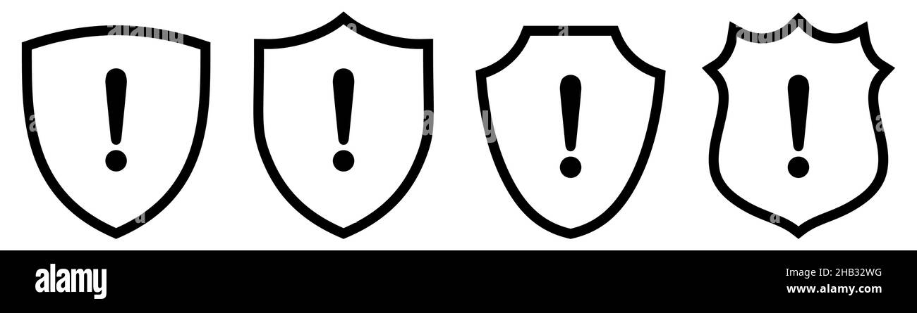 Exclamation mark inside shield, different versions. Protection or ...