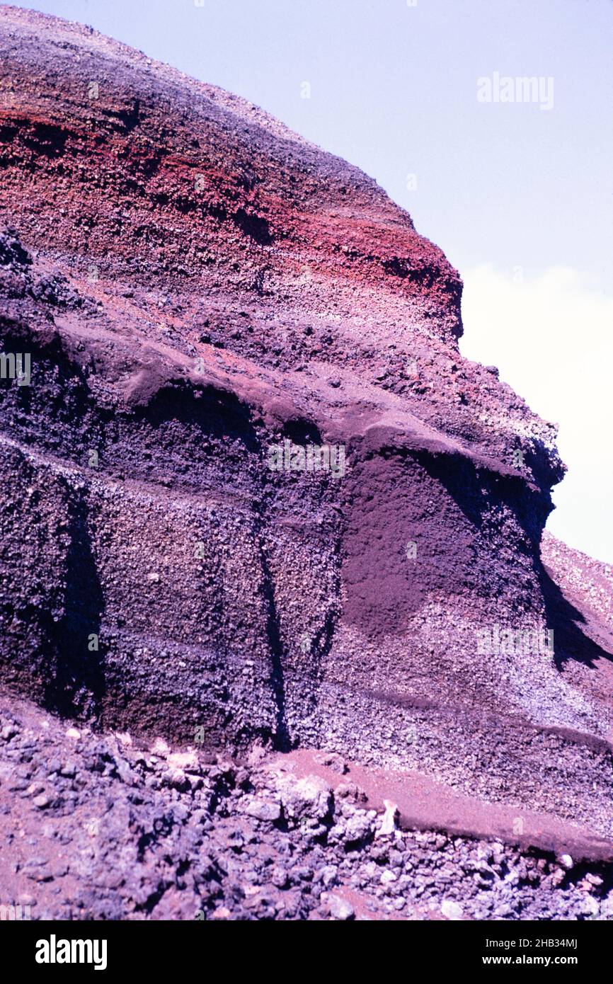 Layers of volcanic rocks in cross section of cliff, Lanzarote, Canary ...