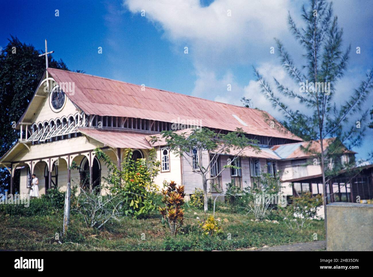 Colonial style wooden Our Lady of Montserrat Roman Catholic Church with ...