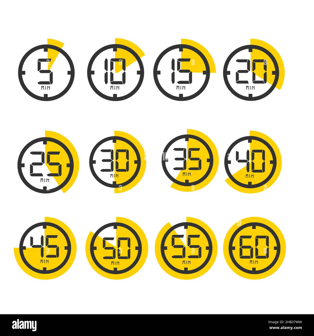 Stopwatch icons showing time. 5 - 60 minutes or seconds. Set of ...