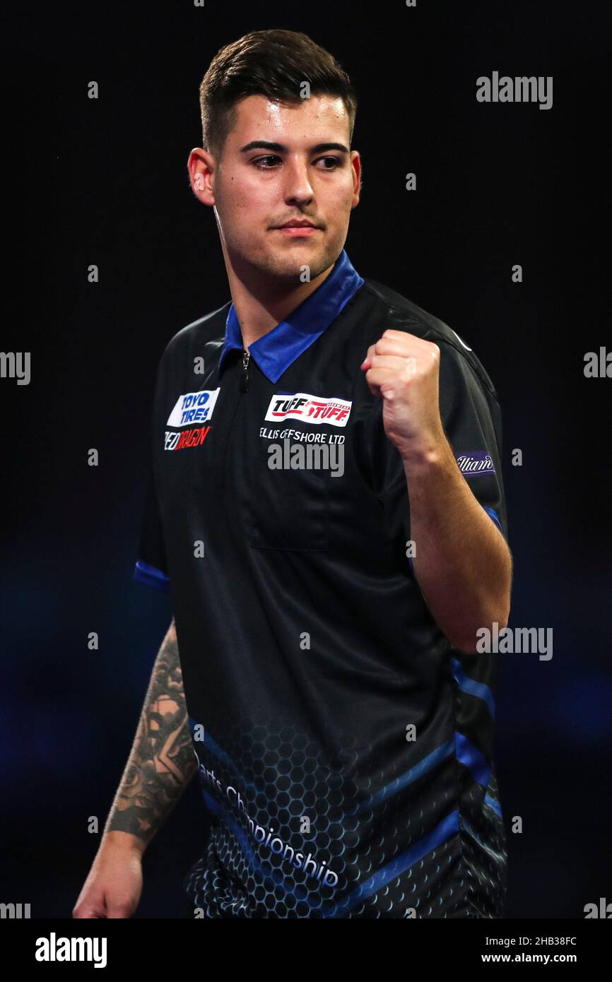 Ryan Meikle celebrates after winning a leg during day two of the ...