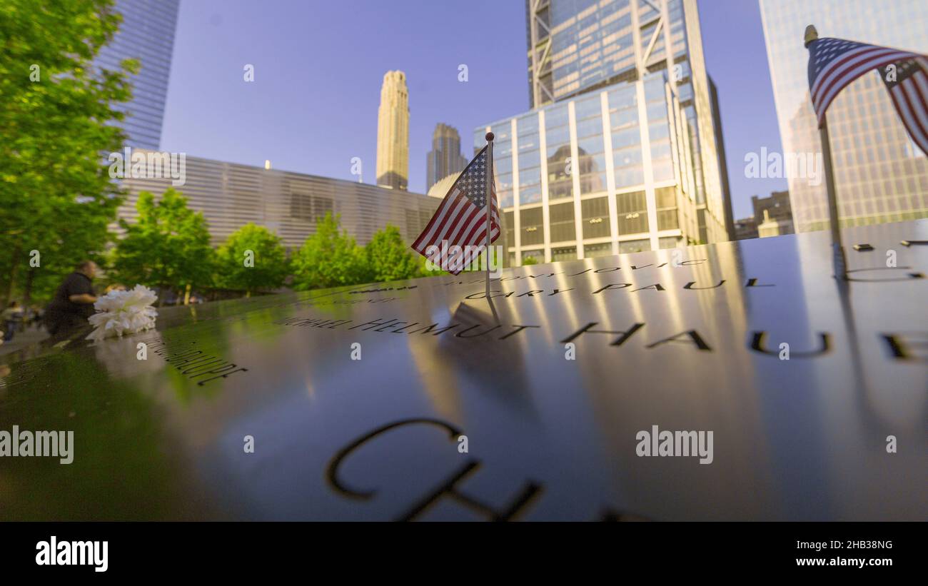 Shot of a unique state flags at ground zero in Manhattan New York ...