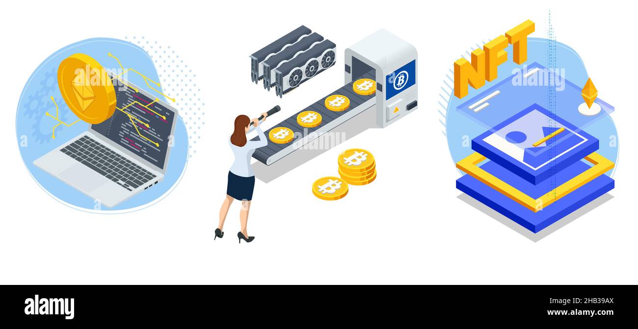Isometric NFT Non-Fungible Token. Virtual art and galleries using ...