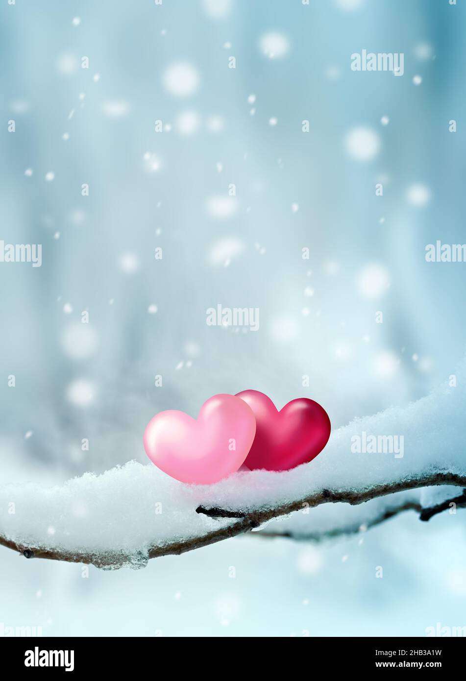 Red hearts on snowy tree branch in winter. Holidays. Happy valentines ...