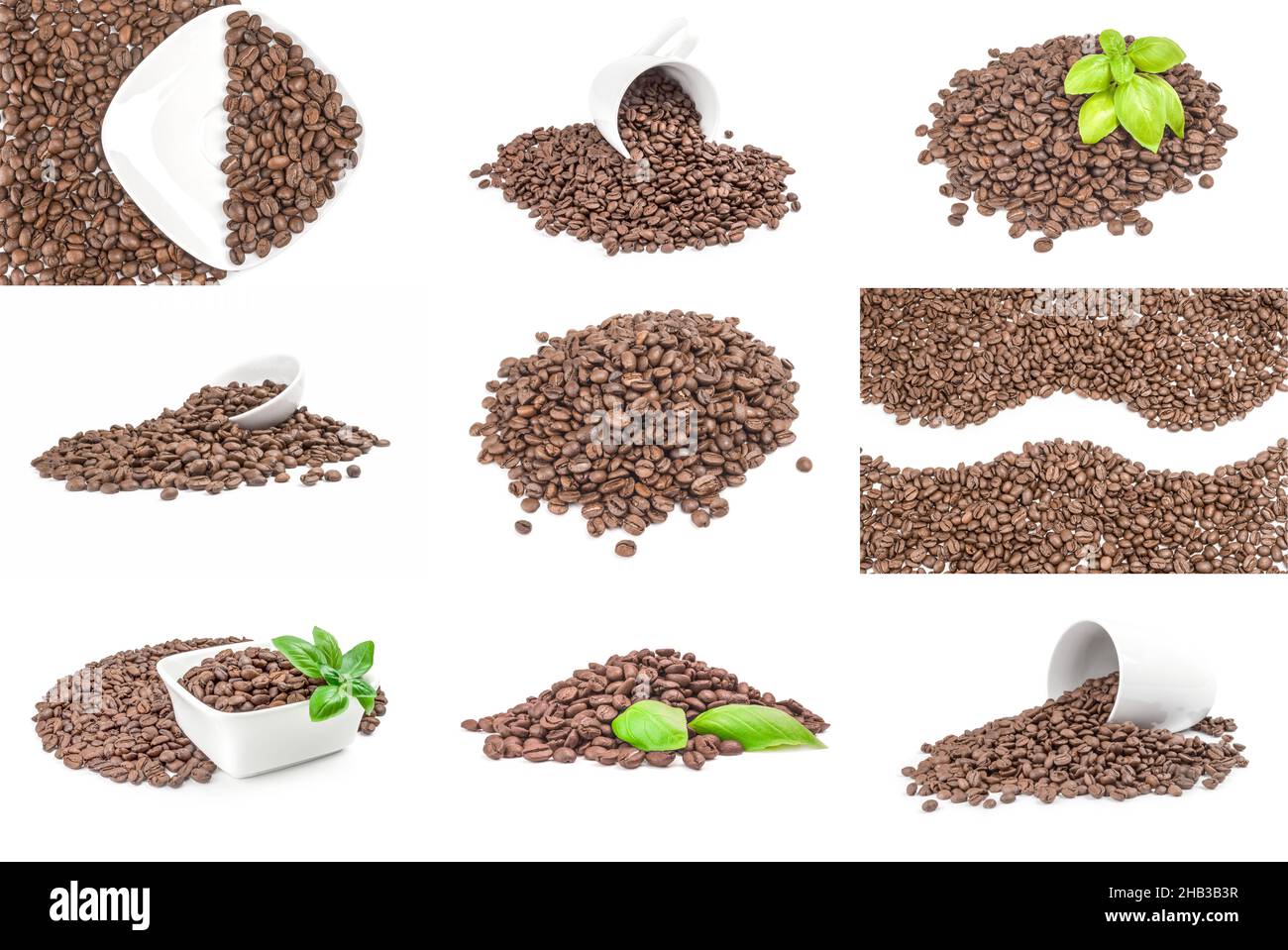 Collage of pile of roasted coffee beans isolated on a white background ...